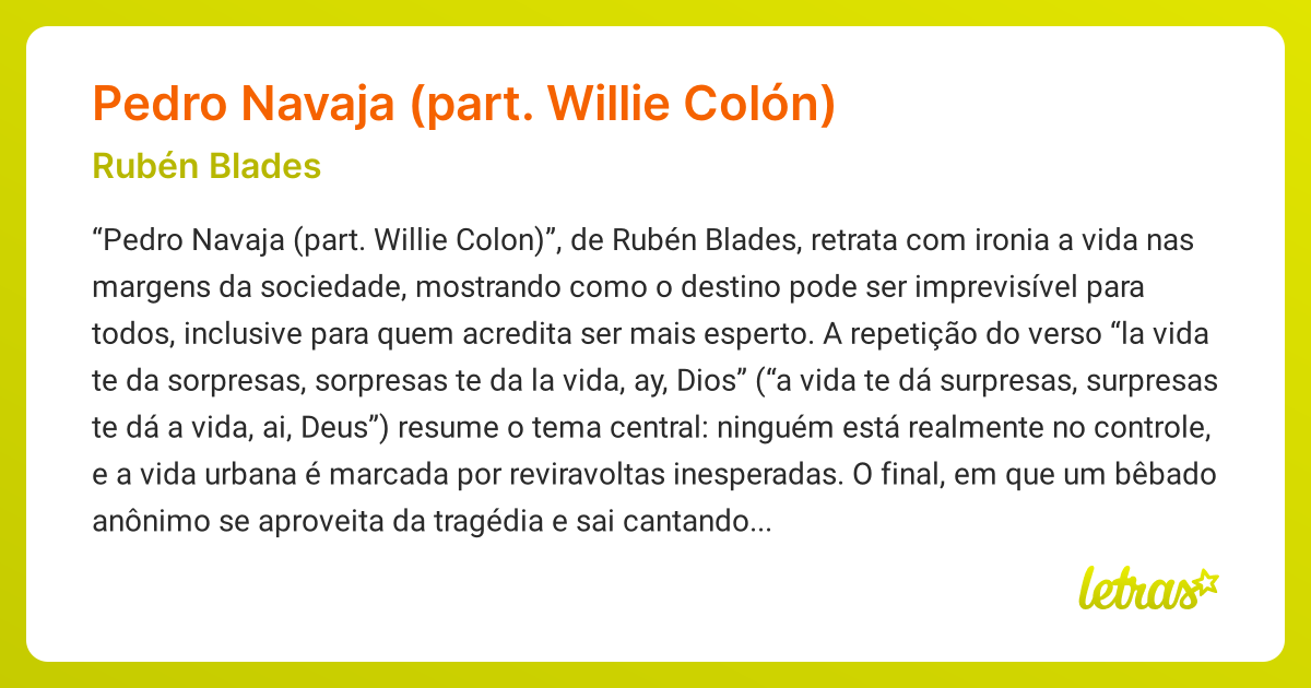 Significado da música Pedro Navaja (part. Willie Colón) (Rubén Blades ...