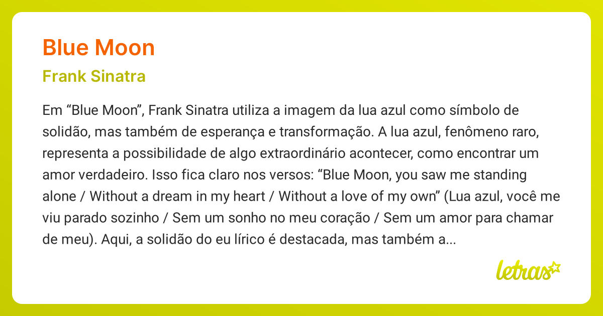 Significado da música BLUE MOON (Frank Sinatra) - LETRAS.MUS.BR