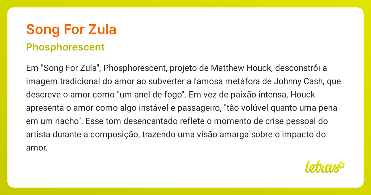 Significado da música SONG FOR ZULA (Phosphorescent) - LETRAS.MUS.BR