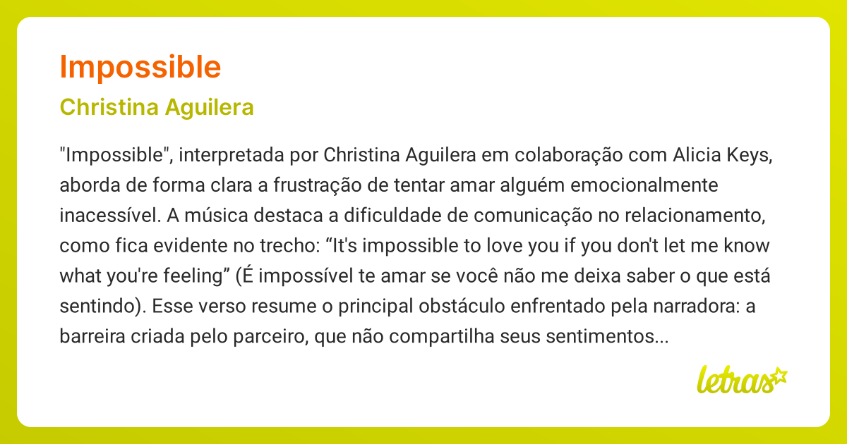 Significado da música IMPOSSIBLE (Christina Aguilera) - LETRAS.MUS.BR