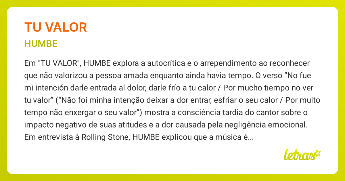 Significado da música TU VALOR (HUMBE) - LETRAS.MUS.BR
