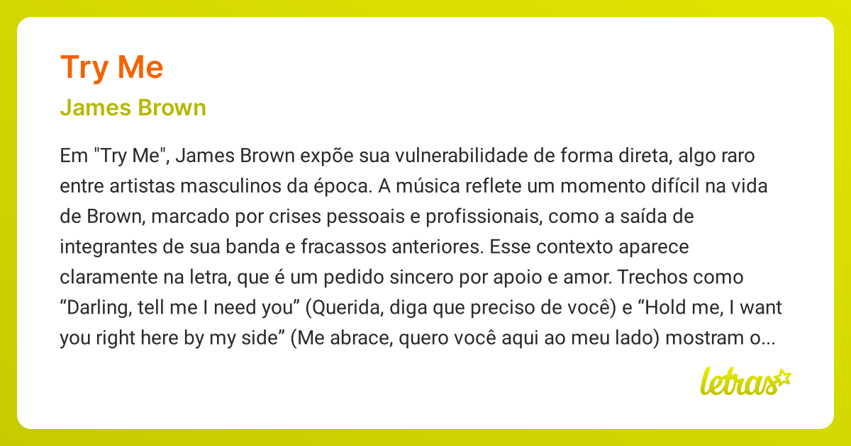 Significado da música TRY ME (James Brown) - LETRAS.MUS.BR