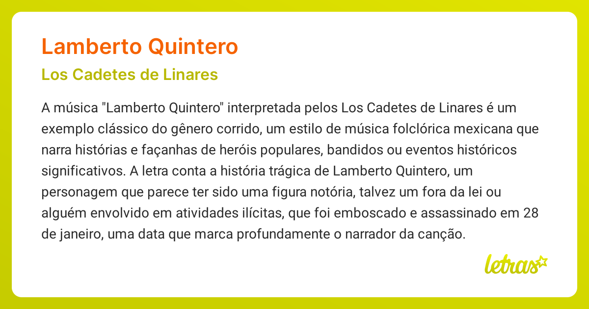 Significado da música LAMBERTO QUINTERO (Los Cadetes de Linares ...