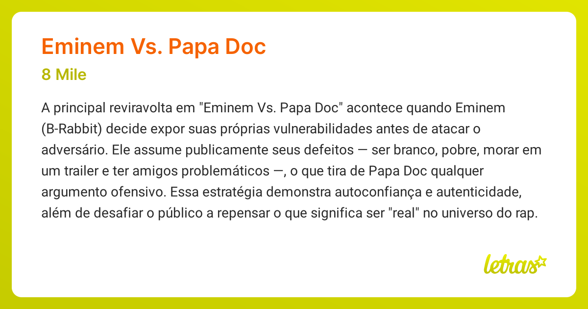 Significado da música EMINEM VS. PAPA DOC (8 Mile) - LETRAS.MUS.BR