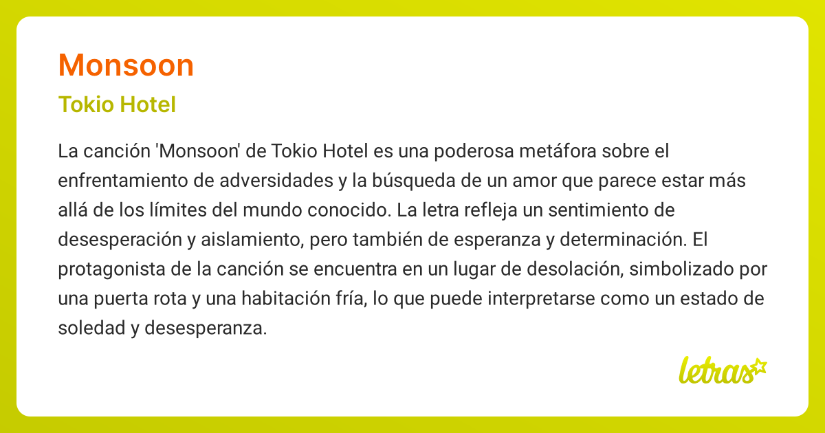 Significado de la canción MONSOON (Tokio Hotel) - LETRAS.COM