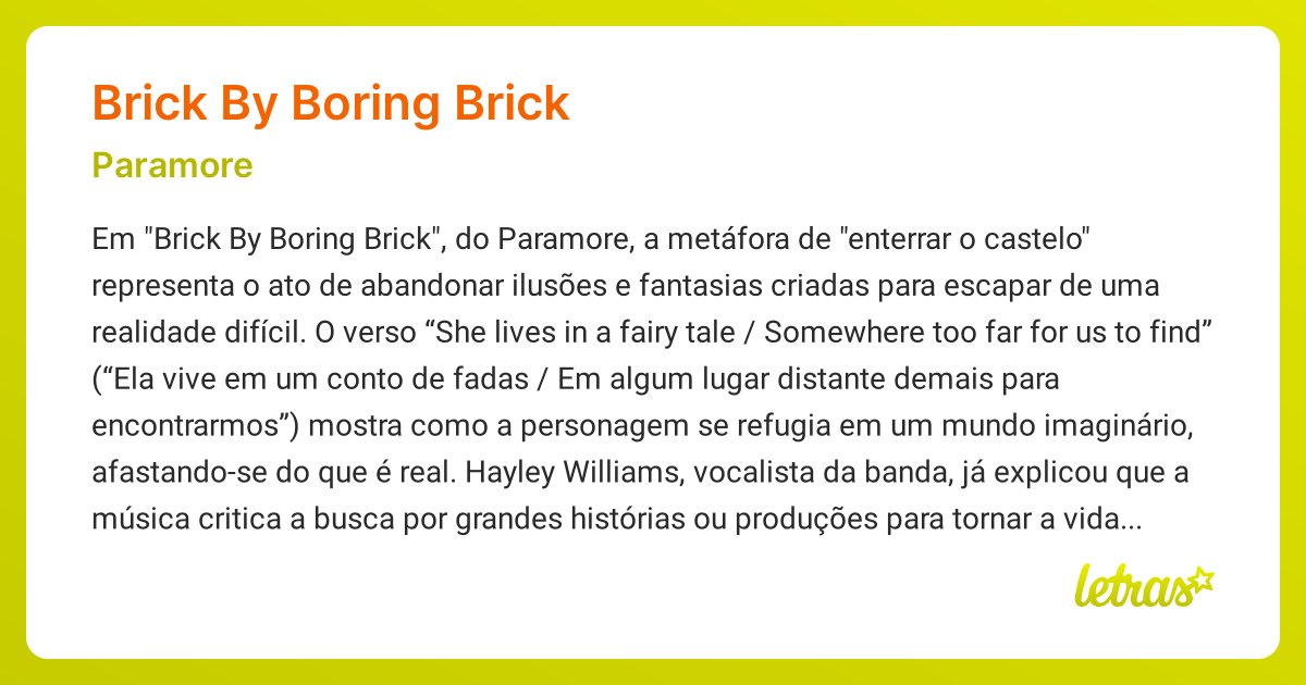 Significado da música BRICK BY BORING BRICK (Paramore) - LETRAS.MUS.BR