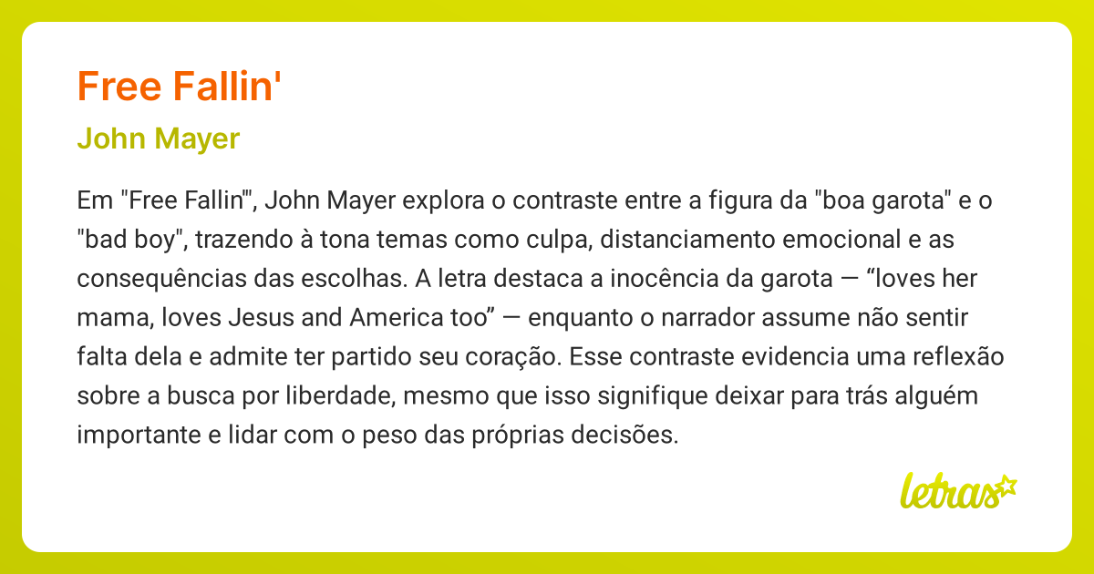 Significado da música FREE FALLIN' (John Mayer) - LETRAS.MUS.BR