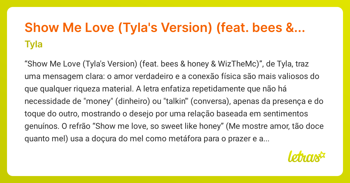 Significado da música Show Me Love (Tyla's Version) (feat. bees & honey ...