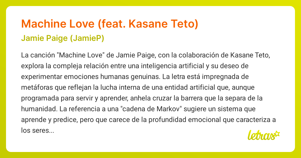 Significado de la canción Machine Love (feat. Kasane Teto) (Jamie Paige (JamieP)) - LETRAS.COM