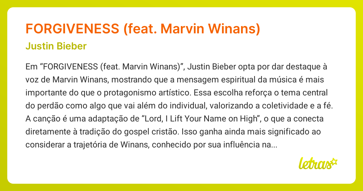 Significado da música FORGIVENESS (feat. Marvin Winans) (Justin Bieber) - LETRAS.MUS.BR