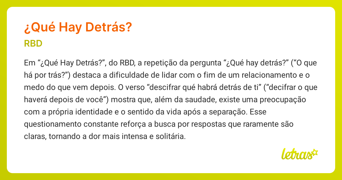 Significado da música ¿QUÉ HAY DETRÁS? (RBD) - LETRAS.MUS.BR