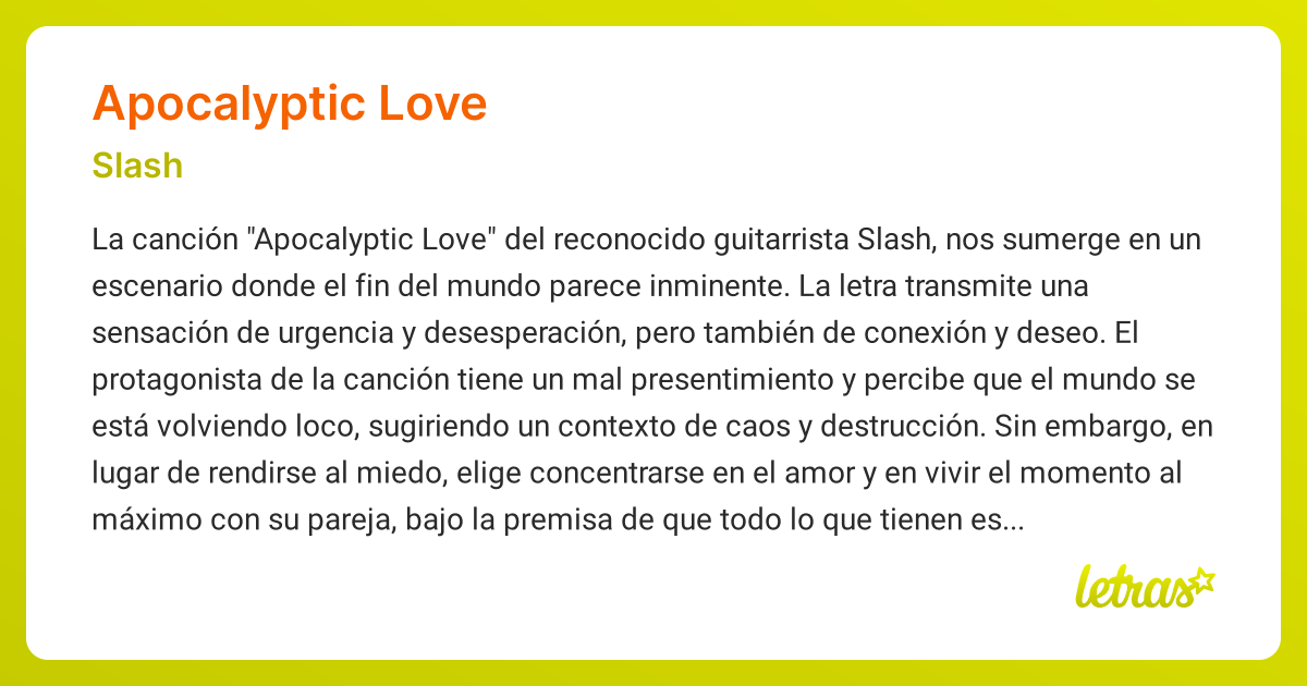 Significado de la canción APOCALYPTIC LOVE (Slash) - LETRAS.COM