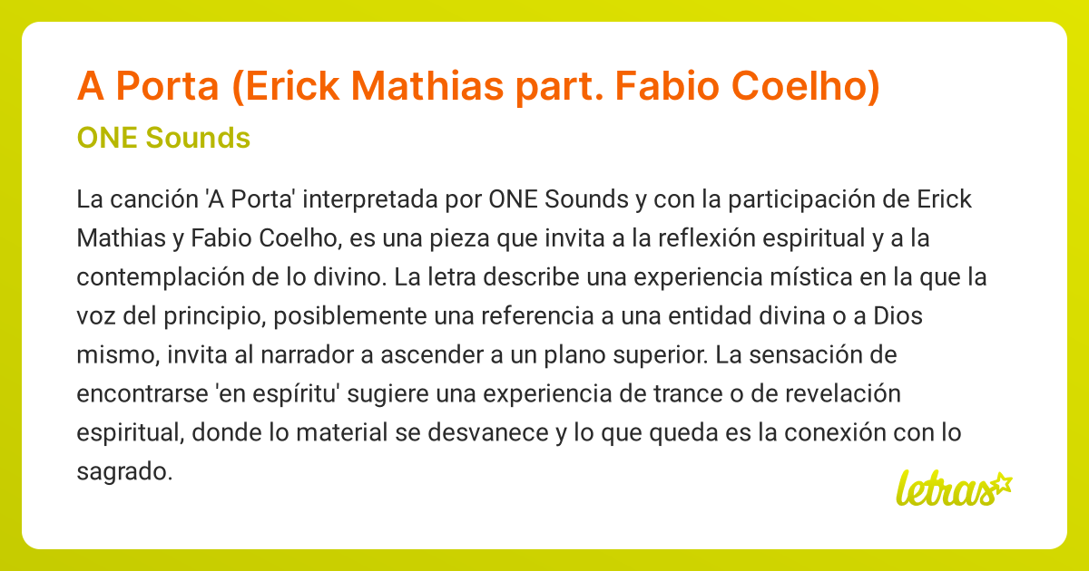 Significado de la canción A Porta (Erick Mathias part. Fabio Coelho) (ONE Sounds) - LETRAS.COM