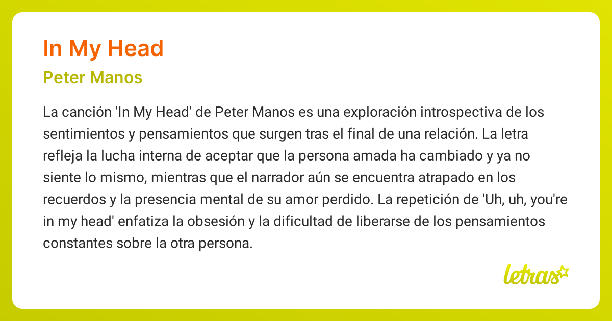 Significado de la canción IN MY HEAD (Peter Manos) - LETRAS.COM