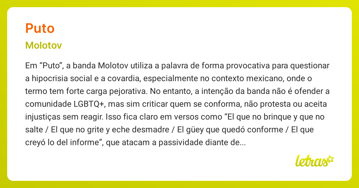 Significado da música PUTO (Molotov) - LETRAS.MUS.BR