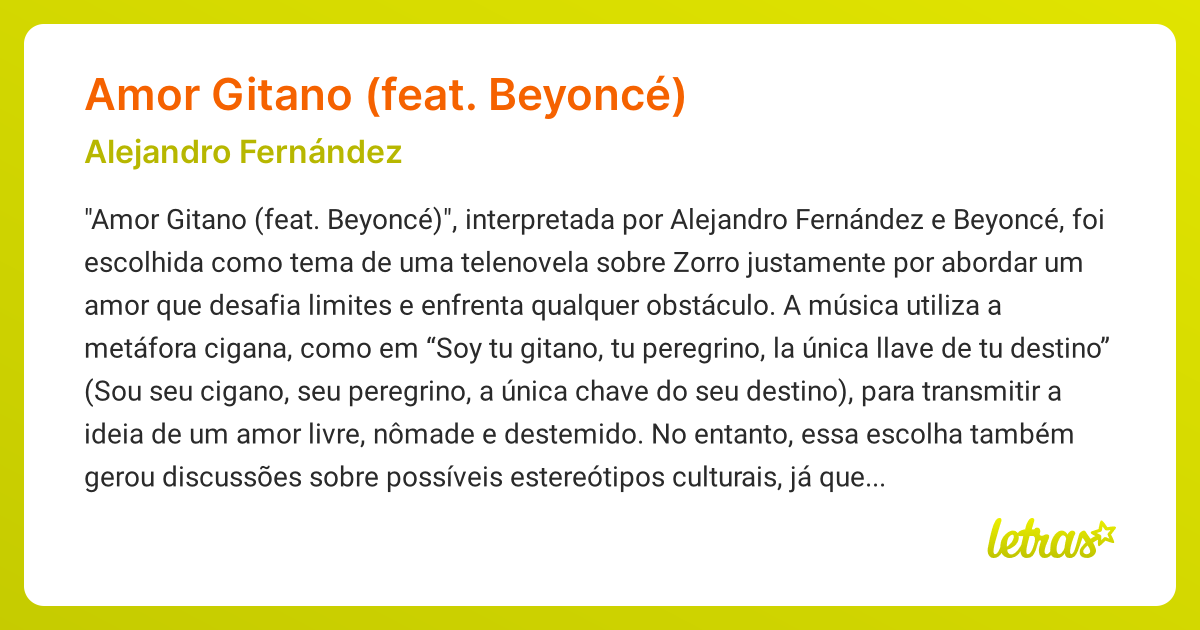 Significado da música AMOR GITANO (FEAT. BEYONCÉ) (Alejandro Fernández ...