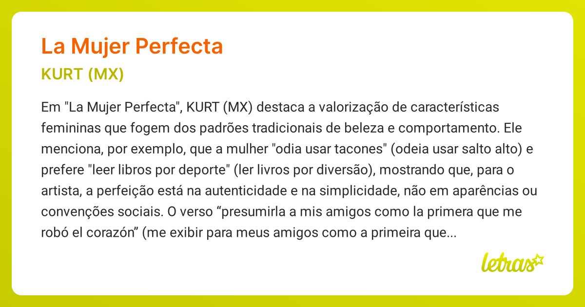 Significado da música LA MUJER PERFECTA (KURT (MX)) - LETRAS.MUS.BR