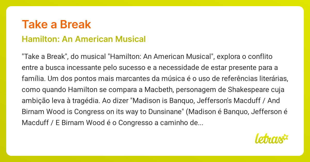 Significado da música TAKE A BREAK (Hamilton: An American Musical ...