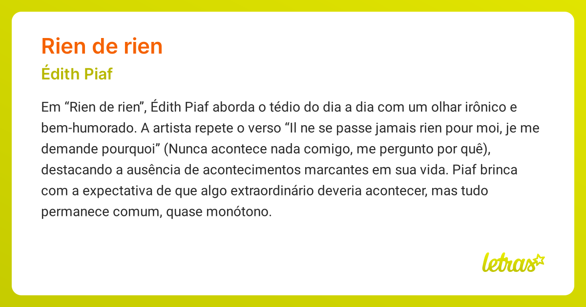 Significado da música RIEN DE RIEN (Édith Piaf) - LETRAS.MUS.BR