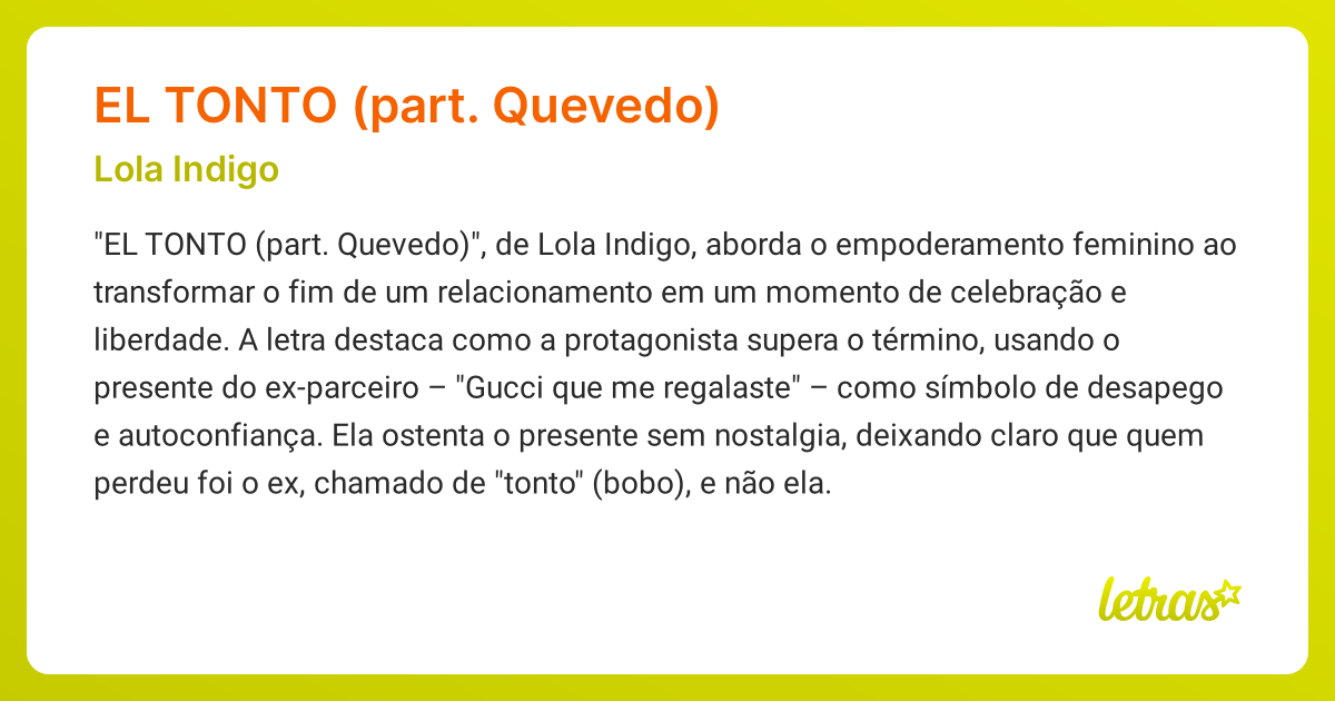 Significado da música EL TONTO (PART. QUEVEDO) (Lola Indigo) - LETRAS ...