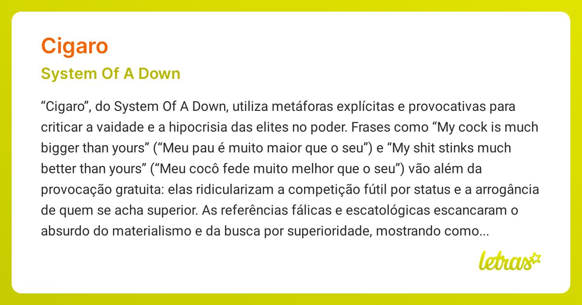 Significado da música CIGARO (System Of A Down) - LETRAS.MUS.BR