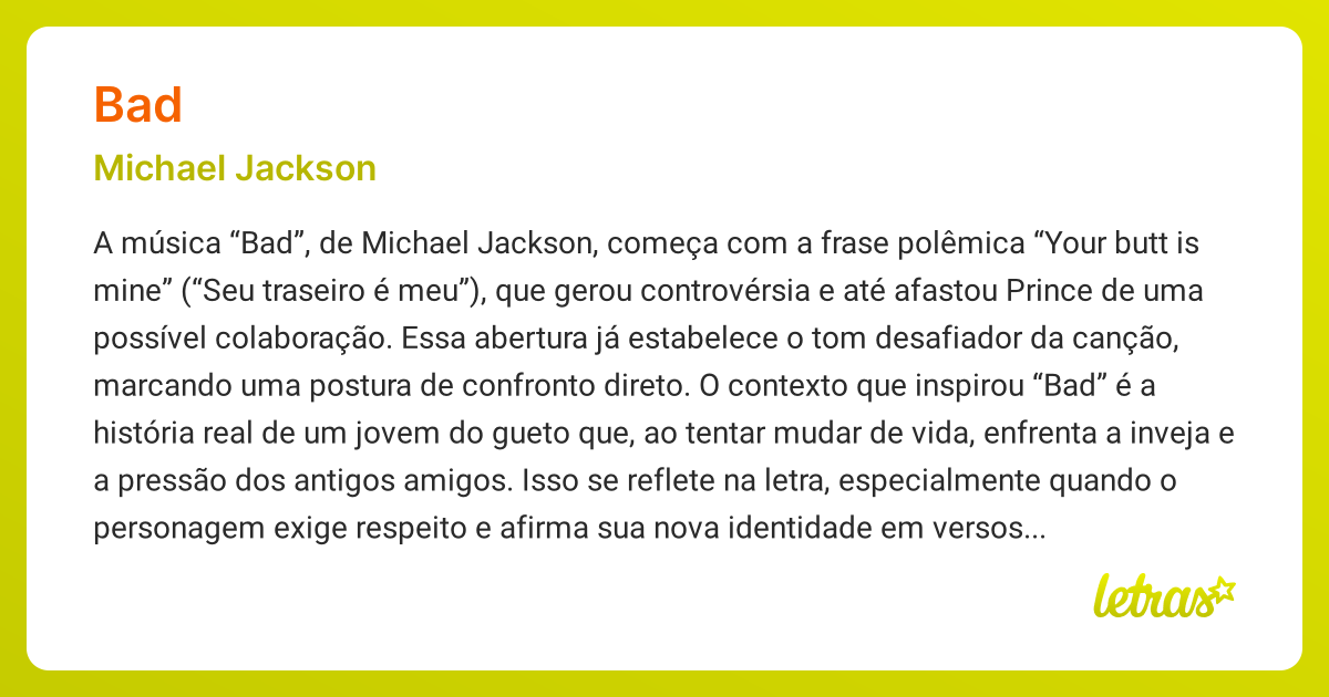 Significado da música BAD (Michael Jackson) - LETRAS.MUS.BR