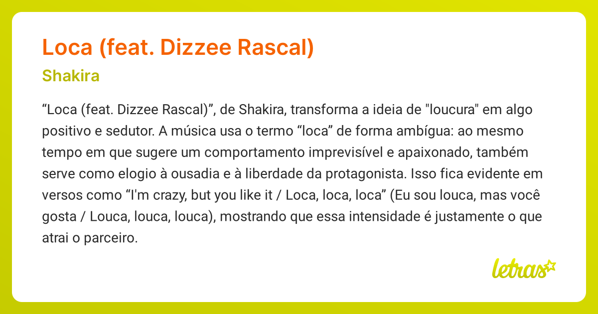 Significado da música LOCA (FEAT. DIZZEE RASCAL) (Shakira) - LETRAS.MUS.BR