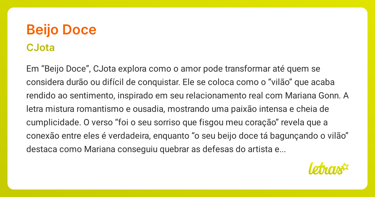 Significado da música BEIJO DOCE (CJota) - LETRAS.MUS.BR