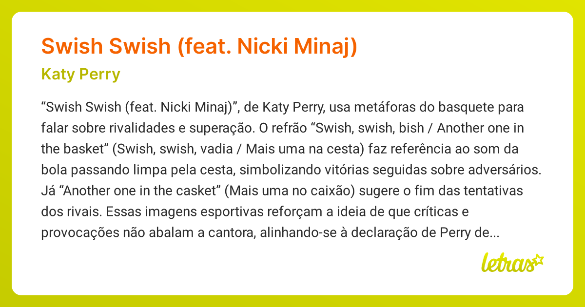 Significado da música Swish Swish (feat. Nicki Minaj) (Katy Perry ...
