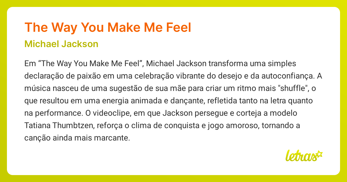 Significado da música THE WAY YOU MAKE ME FEEL (Michael Jackson ...