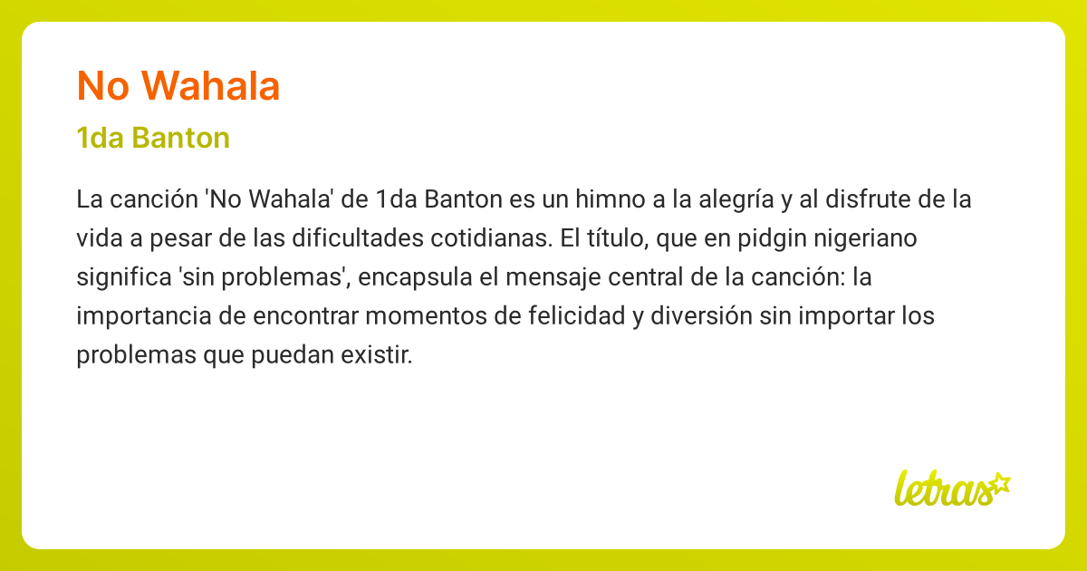 Significado de la canción NO WAHALA (1da Banton) - LETRAS.COM