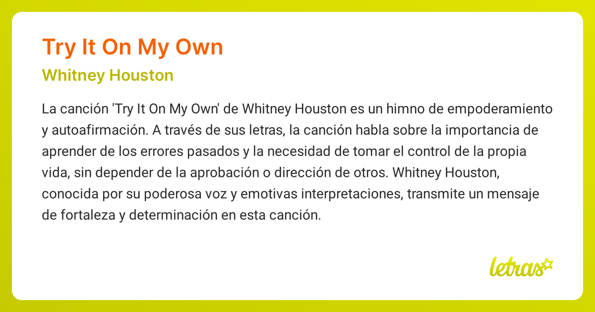 Significado de la canción TRY IT ON MY OWN (Whitney Houston) - LETRAS.COM