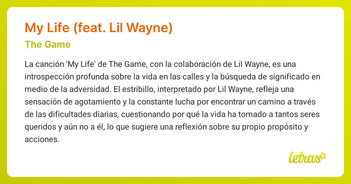 Significado de la canción MY LIFE (FEAT. LIL WAYNE) (The Game) - LETRAS.COM