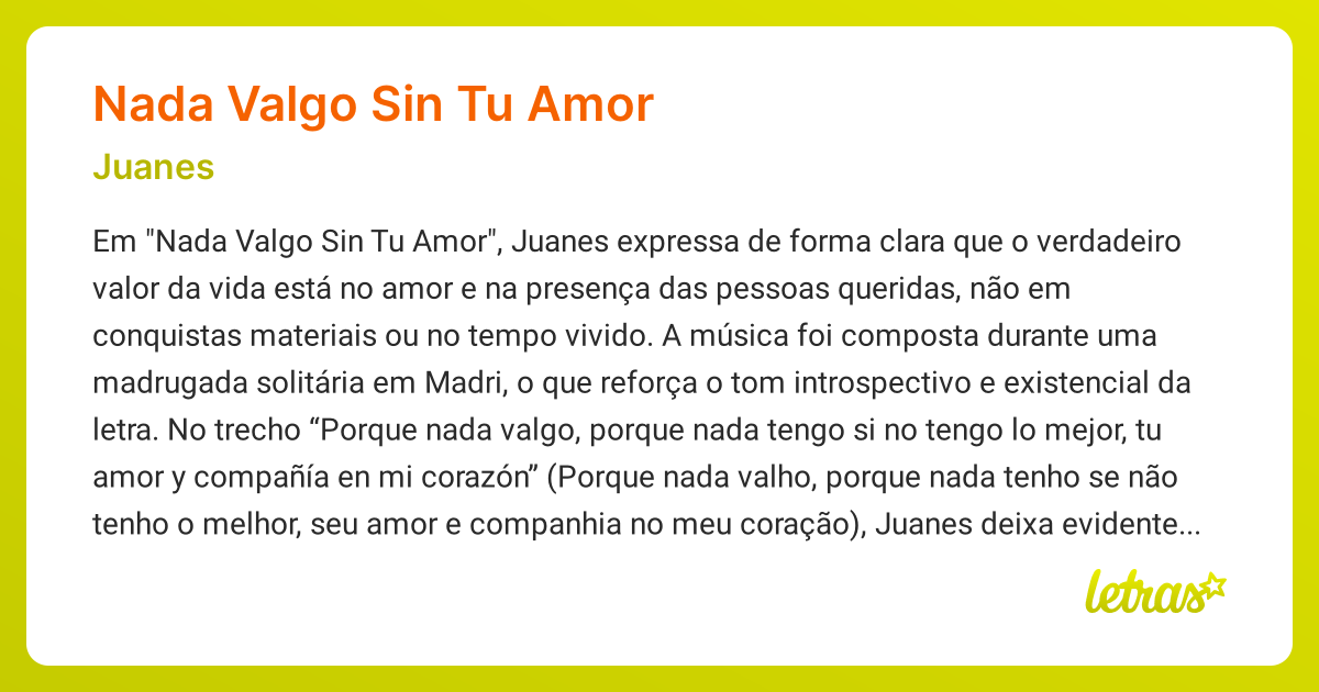 Significado da música NADA VALGO SIN TU AMOR (Juanes) - LETRAS.MUS.BR