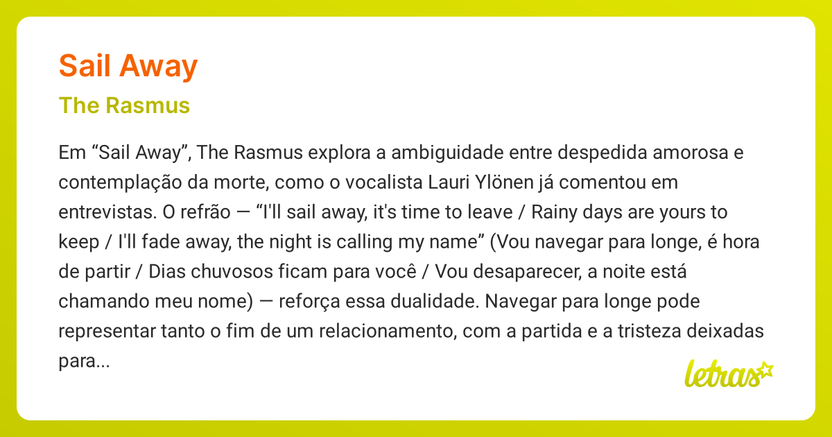 Significado da música SAIL AWAY (The Rasmus) - LETRAS.MUS.BR