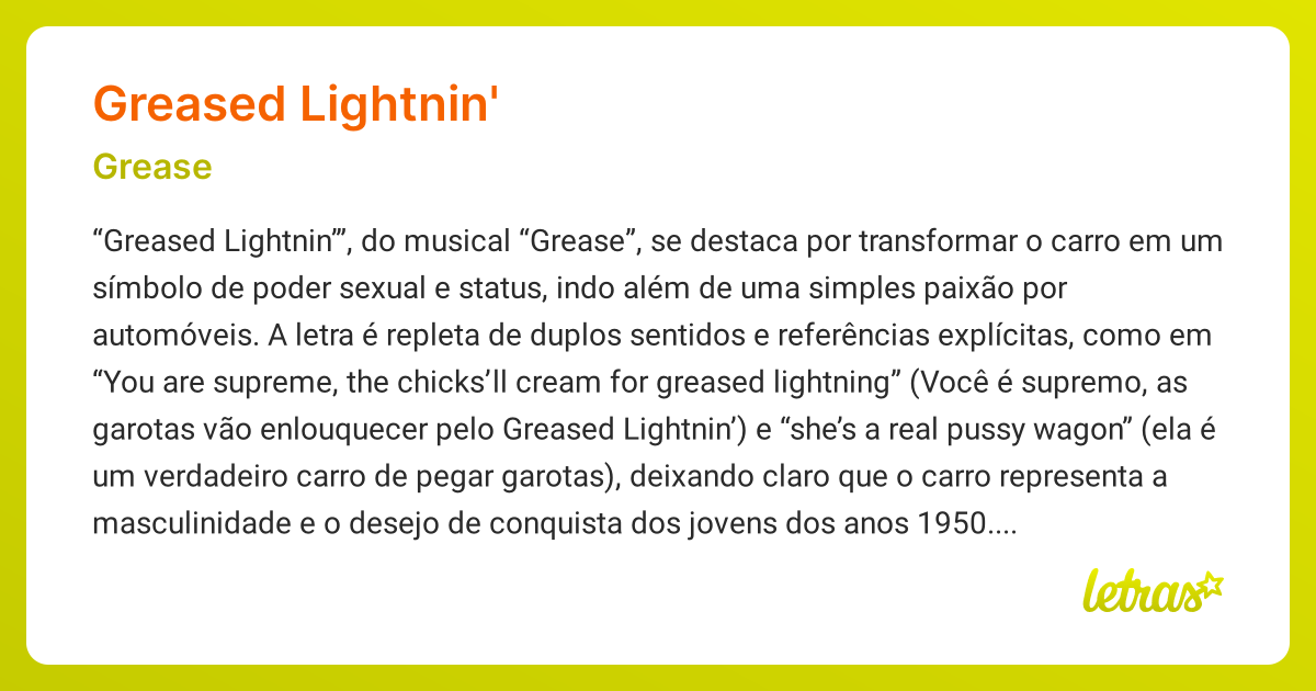 Significado da música GREASED LIGHTNIN' (Grease) - LETRAS.MUS.BR