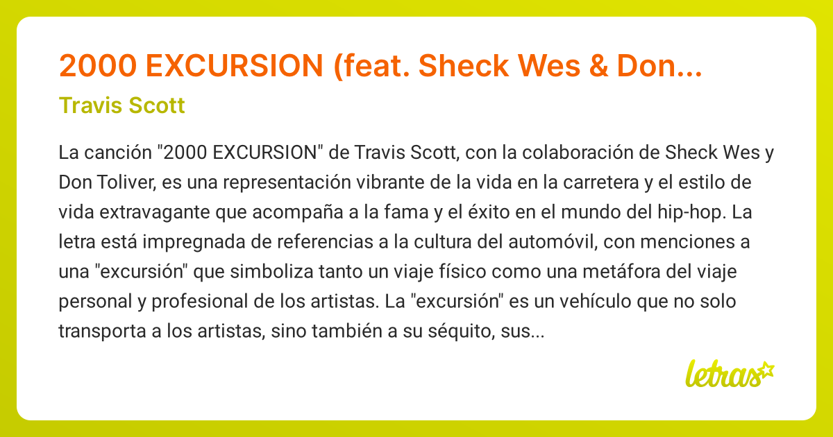 Significado de la canción 2000 EXCURSION (feat. Sheck Wes & Don Toliver ...