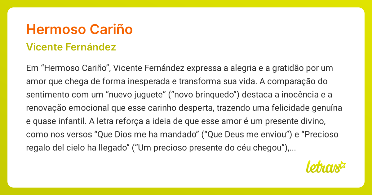 Significado da música HERMOSO CARIÑO (Vicente Fernández) - LETRAS.MUS.BR