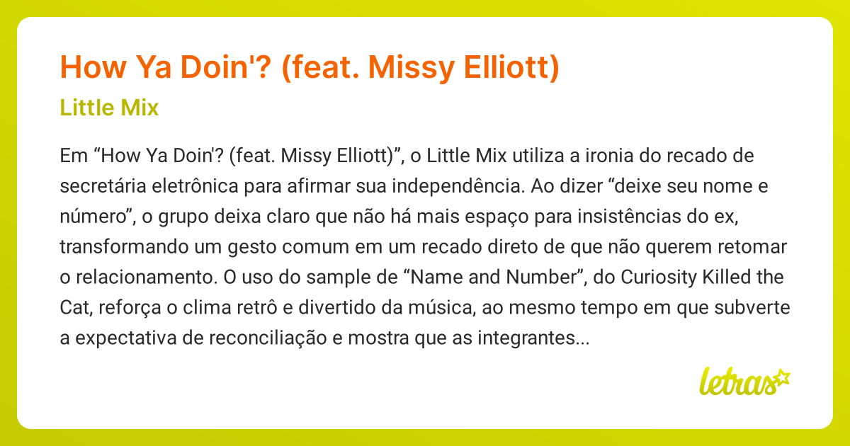 Significado da música How Ya Doin'? (feat. Missy Elliott) (Little Mix ...
