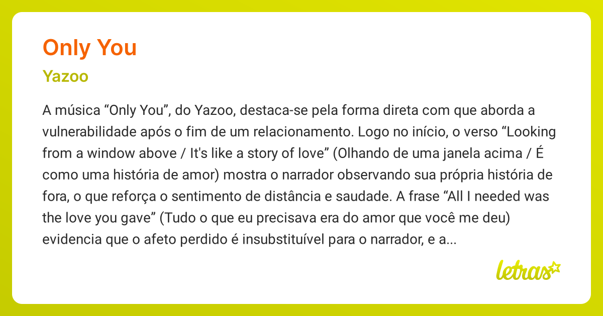 Significado da música ONLY YOU (Yazoo) - LETRAS.MUS.BR