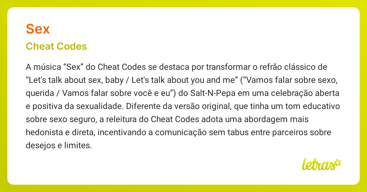 Significado Da Música Sex Cheat Codes Letras Mus Br
