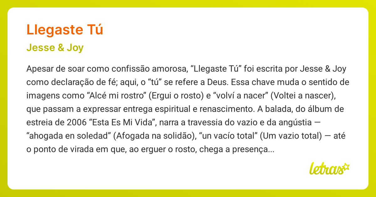 Significado da música LLEGASTE TÚ (Jesse & Joy) - LETRAS.MUS.BR