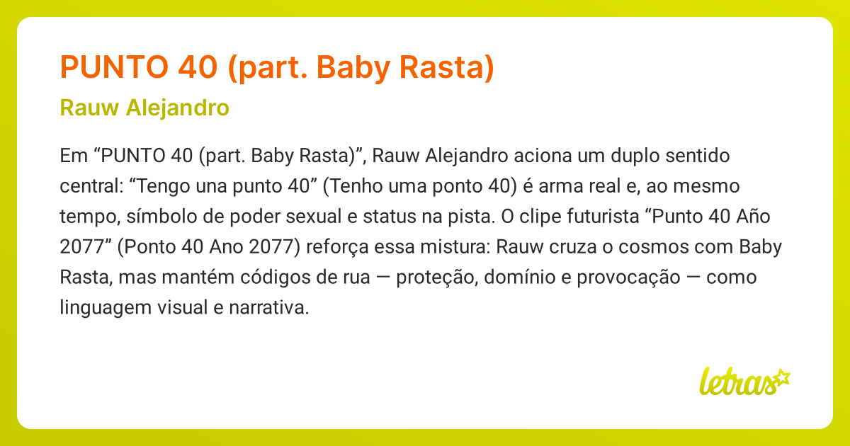 Significado da música PUNTO 40 (PART. BABY RASTA) (Rauw Alejandro ...