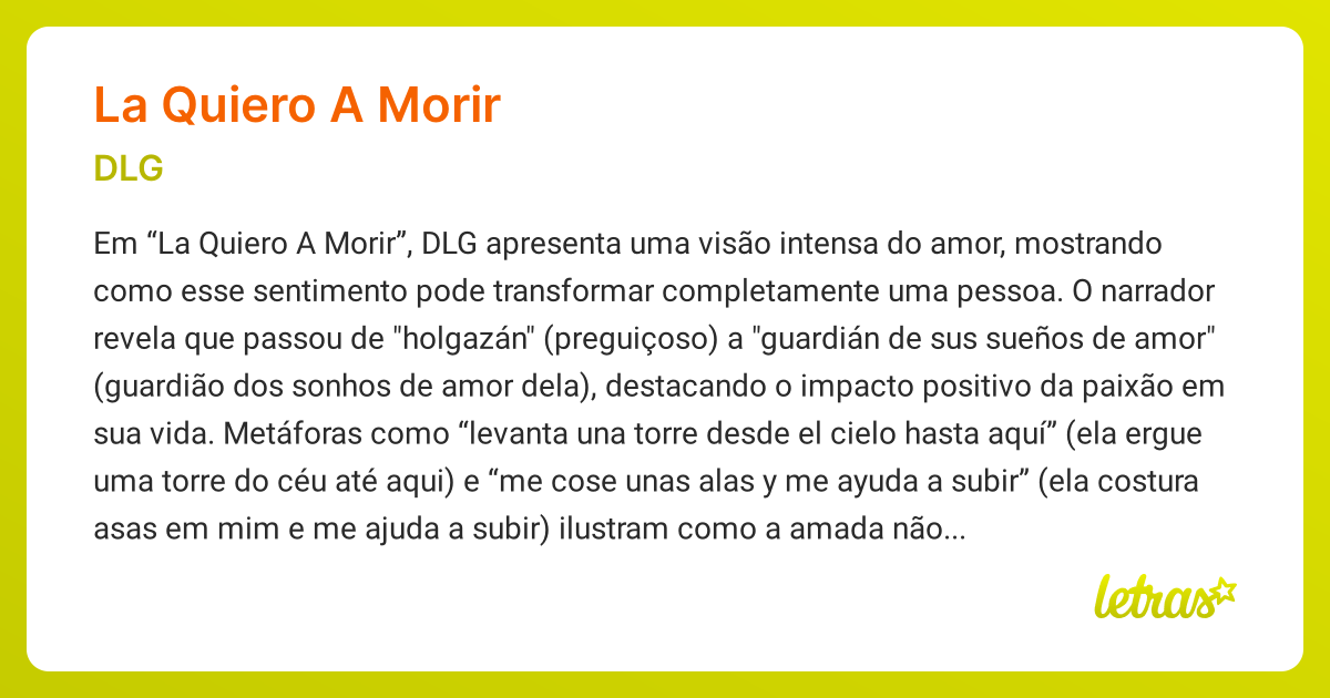 Significado da música LA QUIERO A MORIR (DLG) - LETRAS.MUS.BR