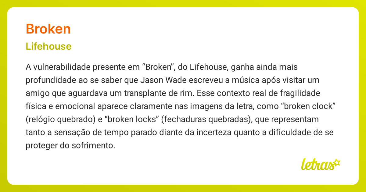 Significado da música BROKEN (Lifehouse) - LETRAS.MUS.BR