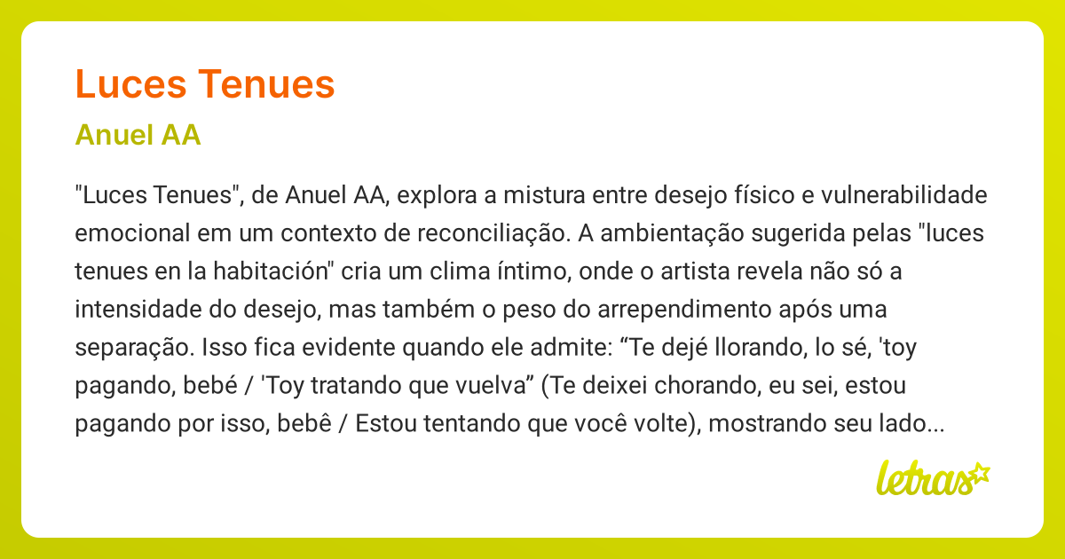 Significado da música LUCES TENUES (Anuel AA) - LETRAS.MUS.BR