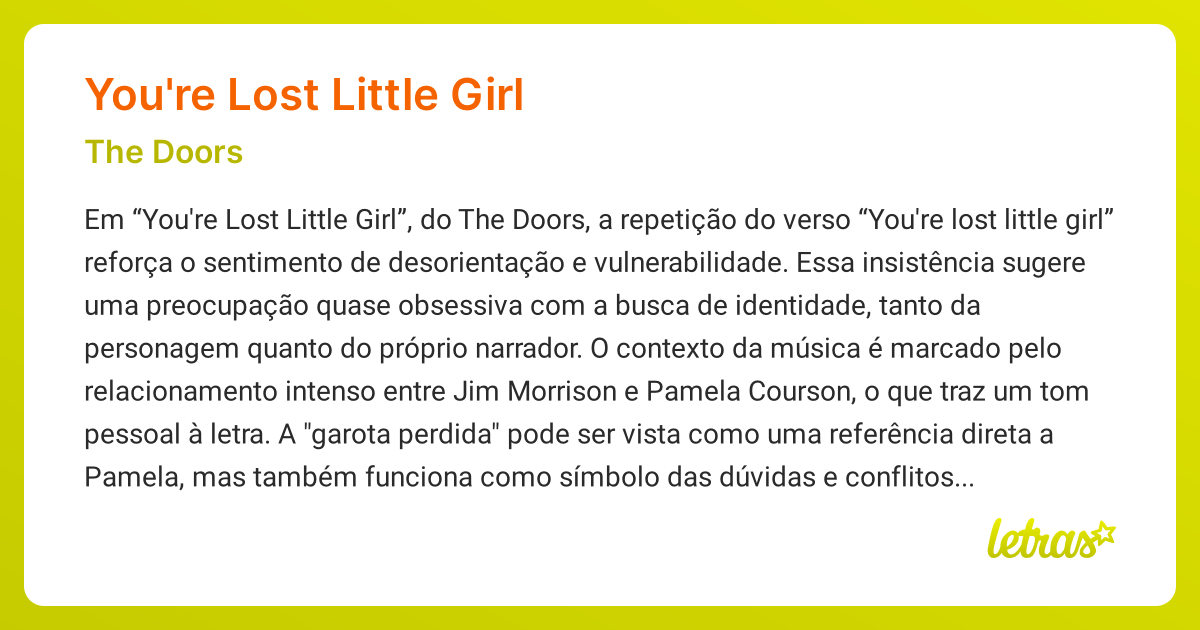 Significado da música YOU'RE LOST LITTLE GIRL (The Doors) - LETRAS.MUS.BR
