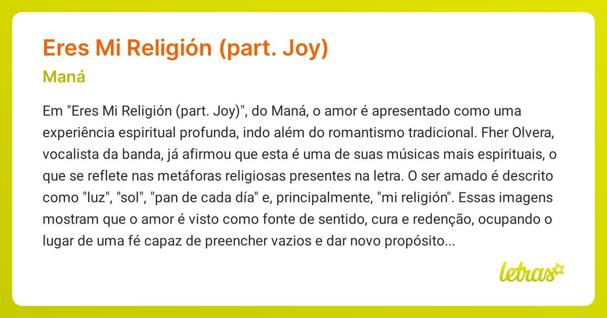 Significado da música ERES MI RELIGIÓN (PART. JOY) (Maná) - LETRAS.MUS.BR