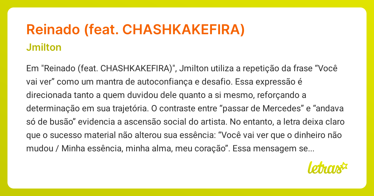Significado da música REINADO (FEAT. CHASHKAKEFIRA) (Jmilton) - LETRAS.MUS.BR