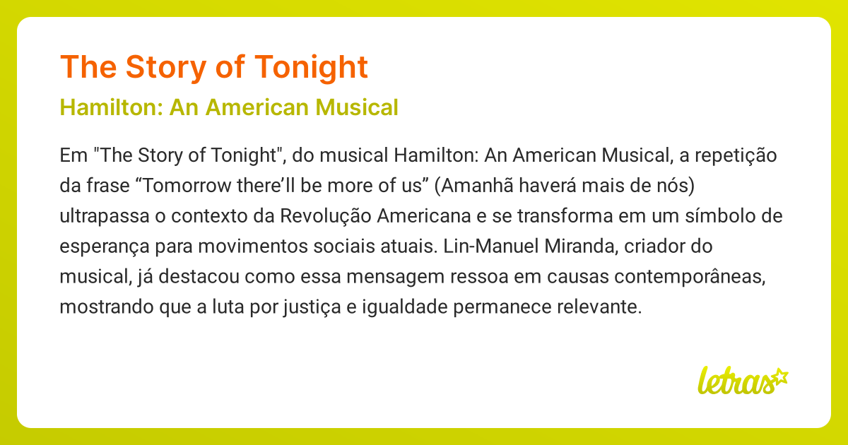 Significado da música THE STORY OF TONIGHT (Hamilton: An American ...